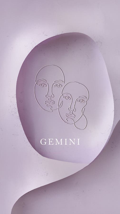 Minimalist Line Drawing of Gemini Faces on Purple Background with Bold ...