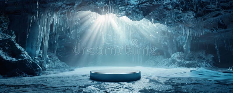 Futuristic Icy Cave with Central Podium and Dramatic Light Rays Stock ...