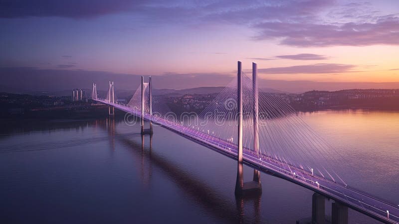 A Striking Modern Bridge Spanning a Wide River at Twilight Pic Stock ...