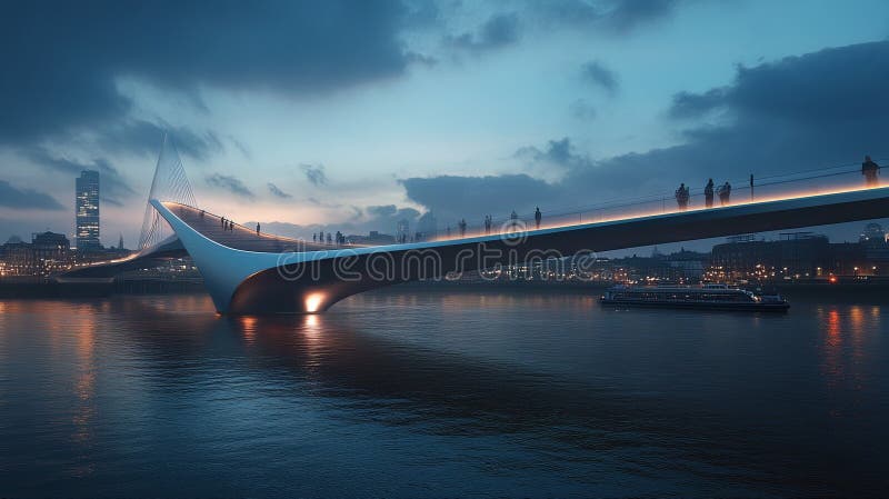 A Striking Modern Bridge Spanning a Wide River at Twilight Pic Stock ...