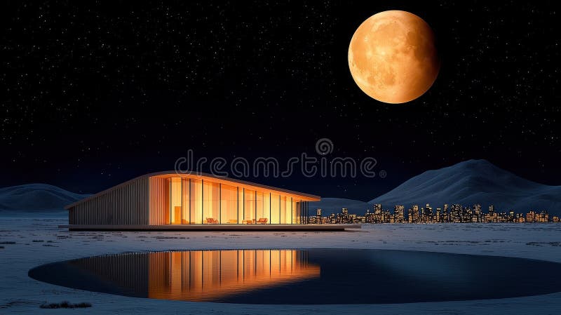 Modern Architecture Under a Bright Moonlit Sky Over a Tranquil ...