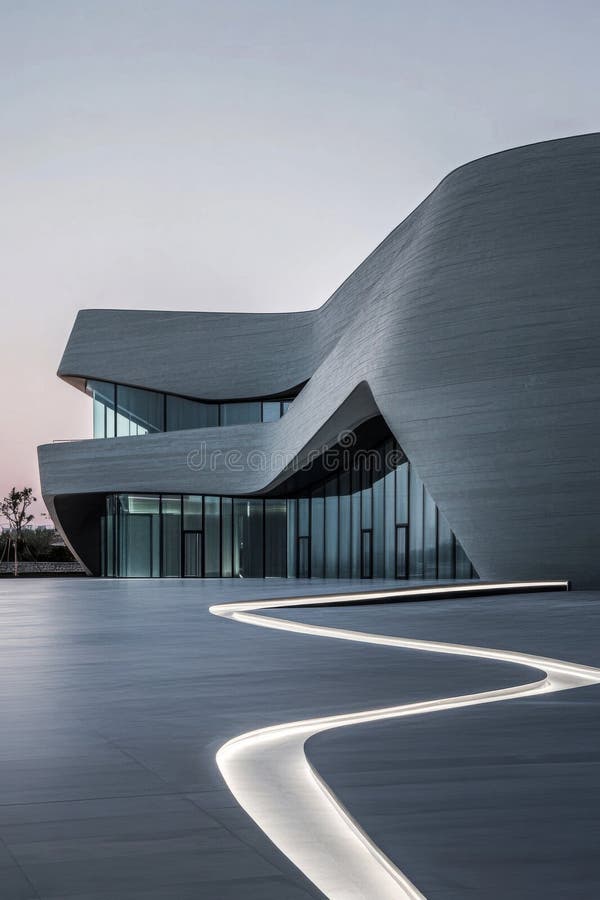 A Striking Modern Building with Smooth, Flowing Lines is Illuminated ...