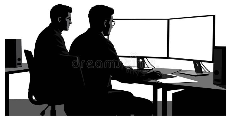Two Silhouetted Programmers Working on Triple Monitors Stock Vector ...