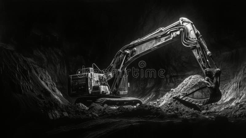A Striking Monochrome Image of an Excavator Operating Inside a Dimly ...