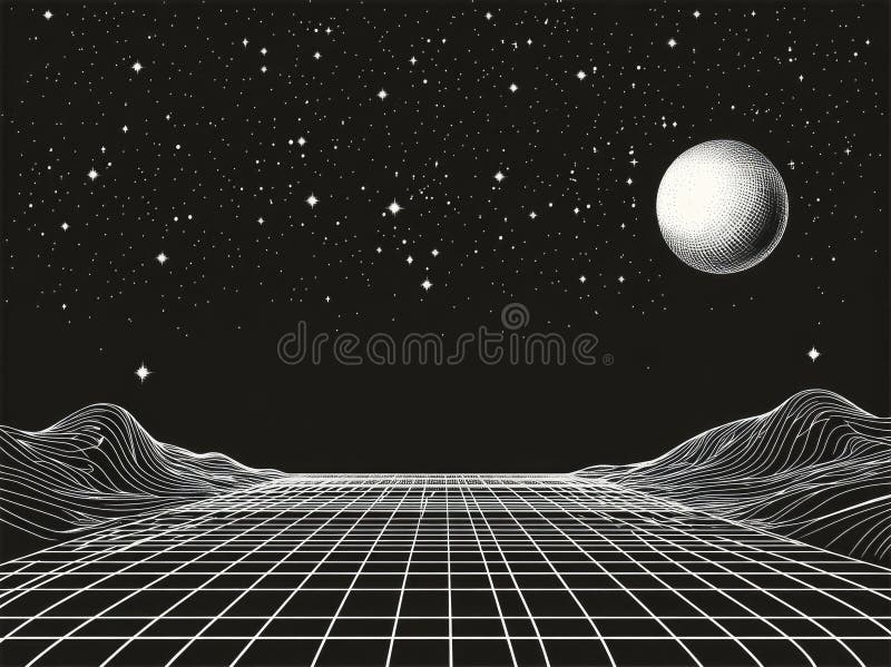 Retro Futuristic Grid Landscape Night Sky Moon Stars Stock Illustration ...