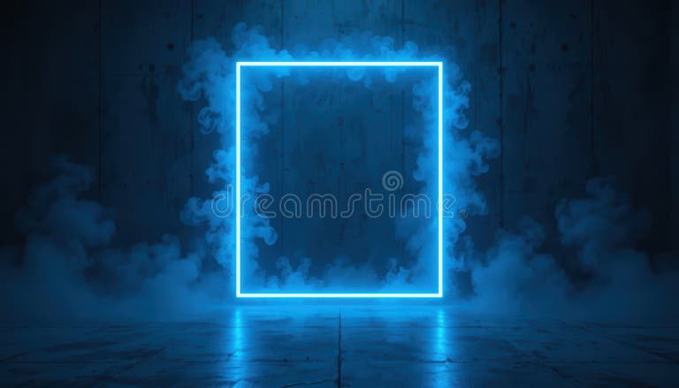 Neon Blue Square Frame in Dark Room with Smoke for Creative Background ...