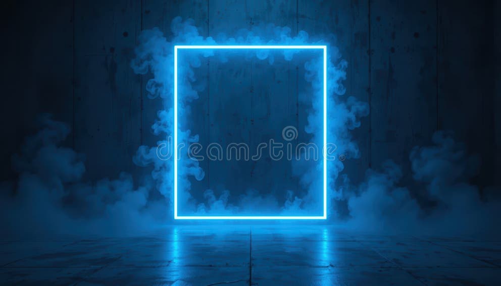 Neon Blue Square Frame in Dark Room with Smoke for Creative Background ...