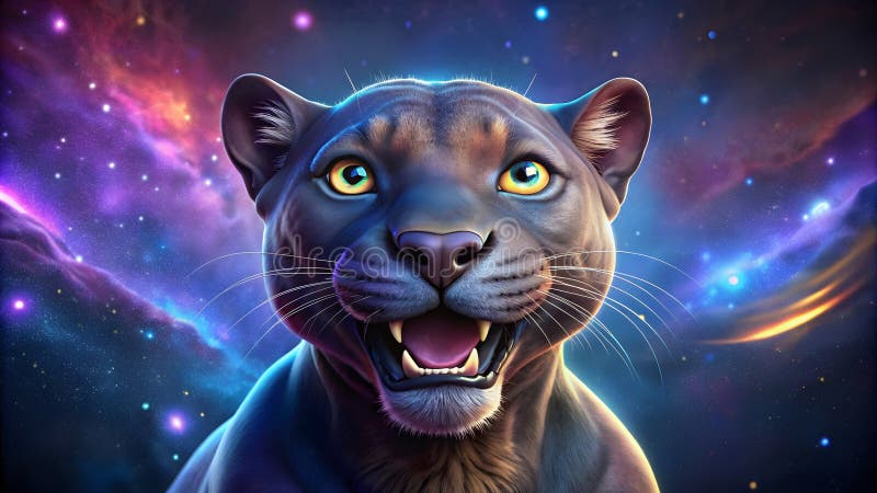 A Neon-colored Panther with Glowing Eyes in a Cosmic Backdrop with ...
