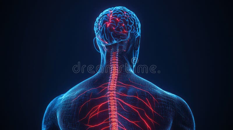 Neon Red Human Nervous System Illustration on Dark Blue Background with ...