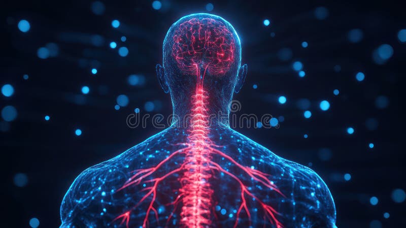 Neon Red Human Nervous System Illustration on Dark Blue Background with ...
