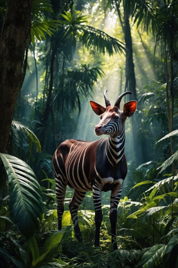 Striped Okapi in Lush Rainforest Habitat, Majestic Creature Stock ...