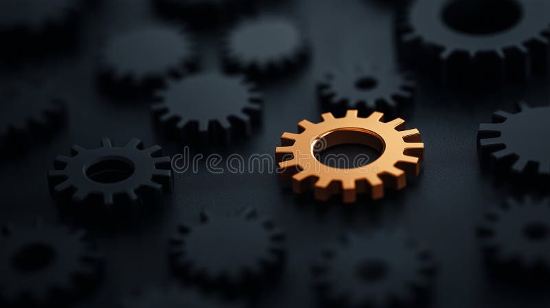 Striking Orange Gear Stands Out among Black Gears, Symbolizing ...