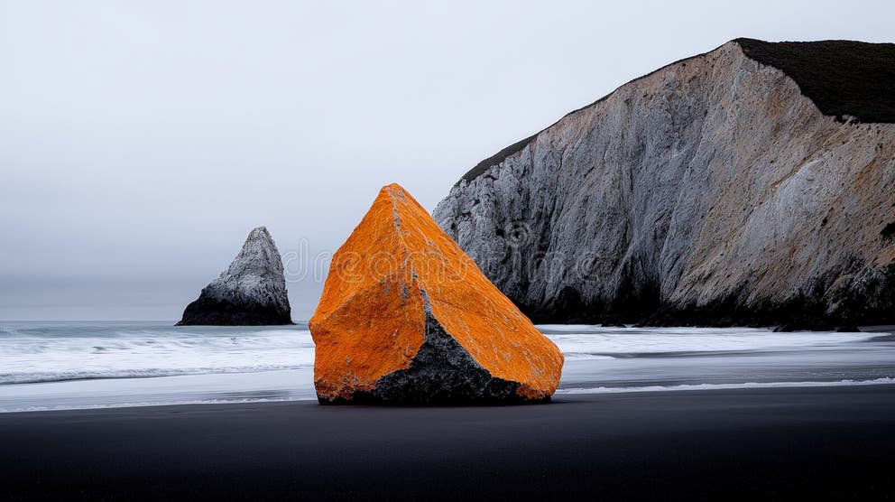 A Striking Orange Rock Formation on a Serene Beach with Cliffs in the ...