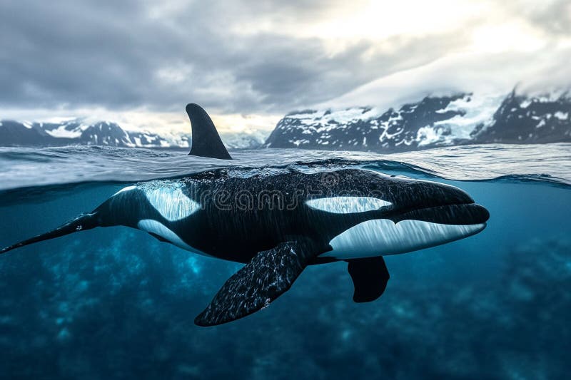A Striking Orca Swims Gracefully through Clear Waters Beneath a ...