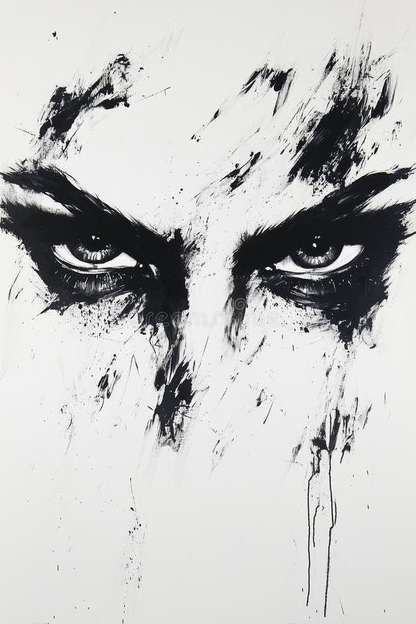 Abstract Painting of Intense Eyes with Black Ink on a White Canvas ...
