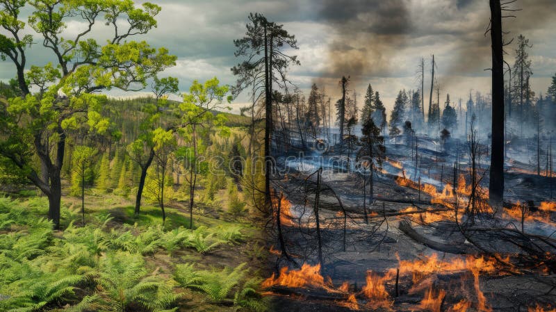 Aftermath of Wildfires – a Divided Forest Landscape Stock Illustration ...
