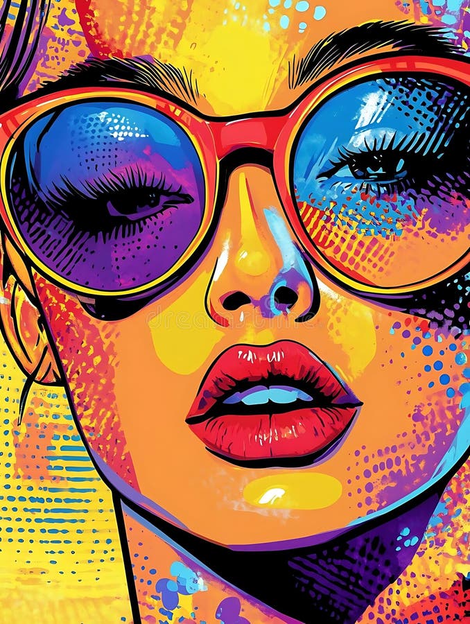 Vibrant Pop Art Portrait of a Bold Woman in Sunglasses with a Colorful ...