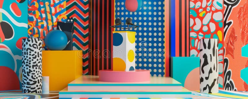 Vibrant Pop Art Styled Mockup With Podium And Colorful Abstract