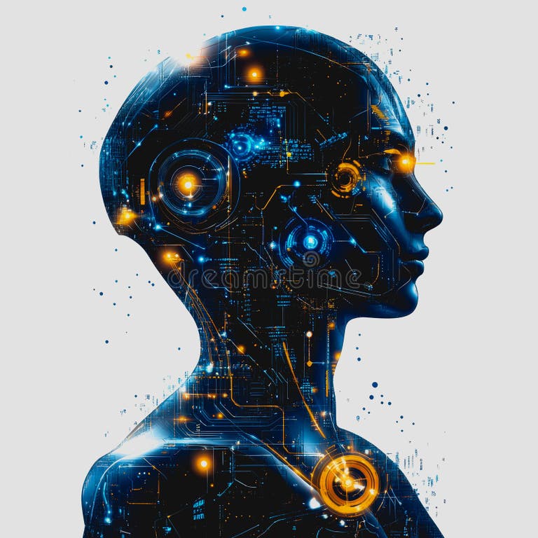 Futuristic Human-like Robot Profile Silhouette with Glowing Circuitry ...