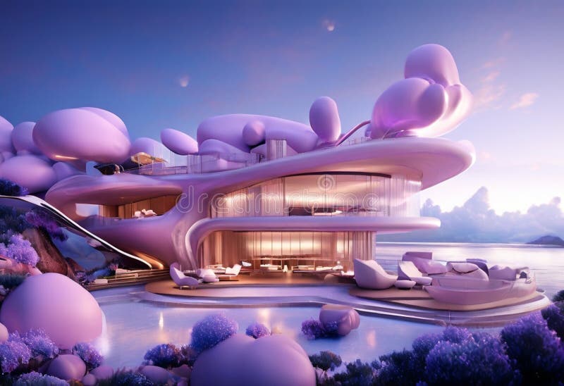 A Striking Purple Wave-shaped Building Stands by the Sea Stock ...