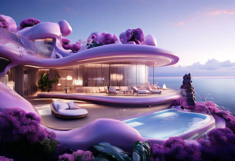 A Striking Purple Wave-shaped Building Stands by the Sea Stock ...