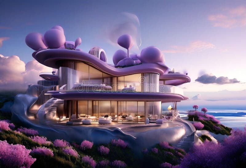 A Striking Purple Wave-shaped Building Stands by the Sea Stock ...