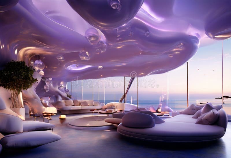 A Striking Purple Wave-shaped Building Stands by the Sea Stock ...