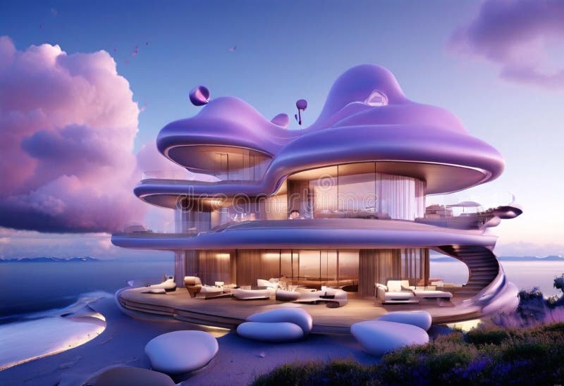 A Striking Purple Wave-shaped Building Stands by the Sea Stock ...