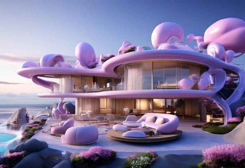 A Striking Purple Wave-shaped Building Stands by the Sea Stock ...