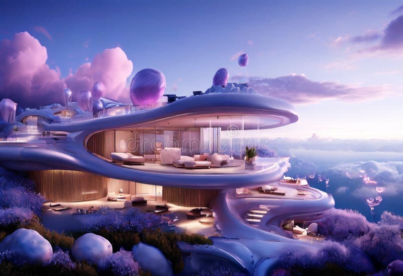 A Striking Purple Wave-shaped Building Stands by the Sea Stock ...