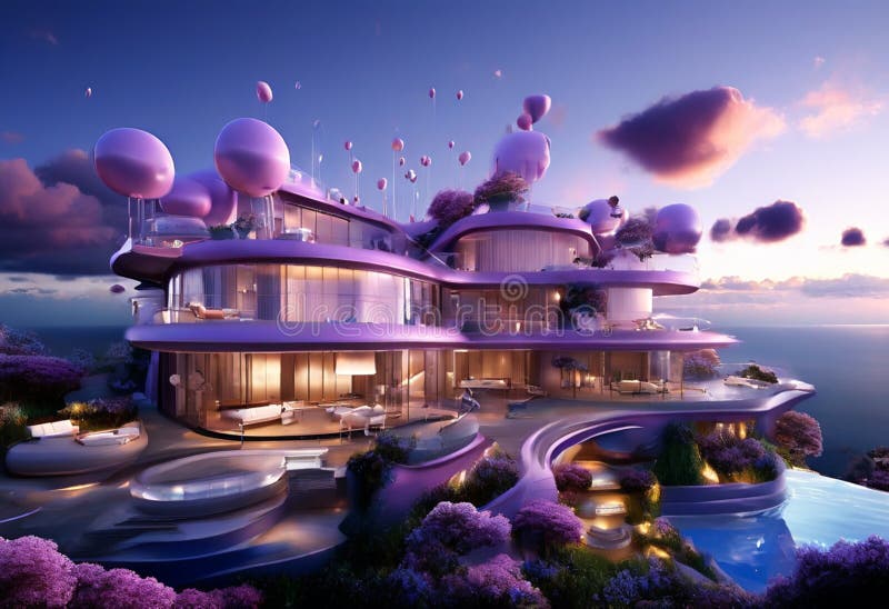 A Striking Purple Wave-shaped Building Stands by the Sea Stock ...