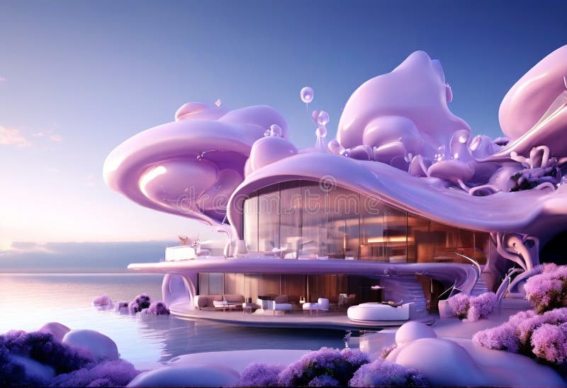 A Striking Purple Wave-shaped Building Stands by the Sea Stock ...