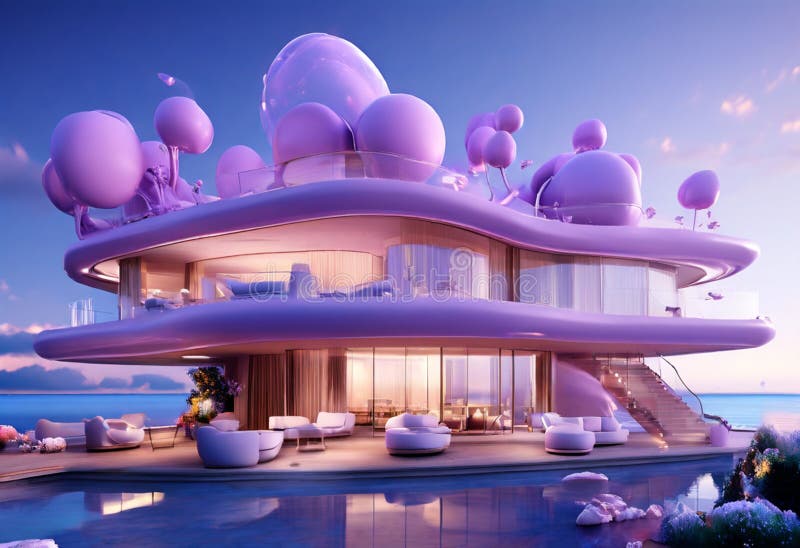 A Striking Purple Wave-shaped Building Stands by the Sea Stock ...