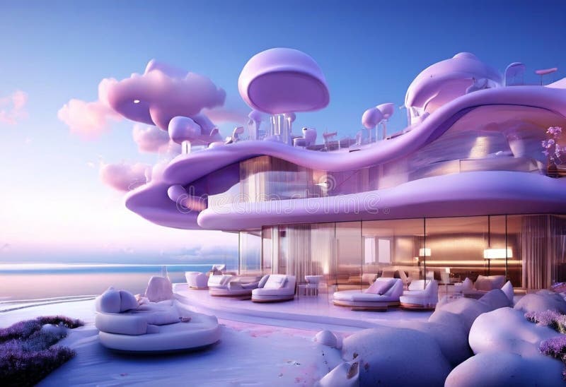 Design of a Hotel or Chalet on the Cloud, in the Style of Light Purple ...
