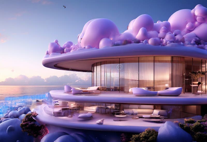 A Striking Purple Wave-shaped Building Stands by the Sea Stock ...