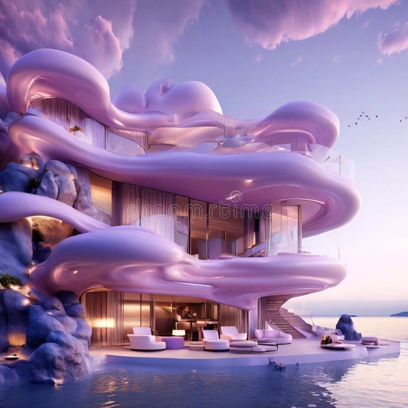 A Striking Purple Wave-shaped Building Stands by the Sea Stock ...