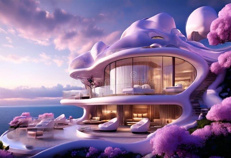 A Striking Purple Wave-shaped Building Stands by the Sea Stock ...