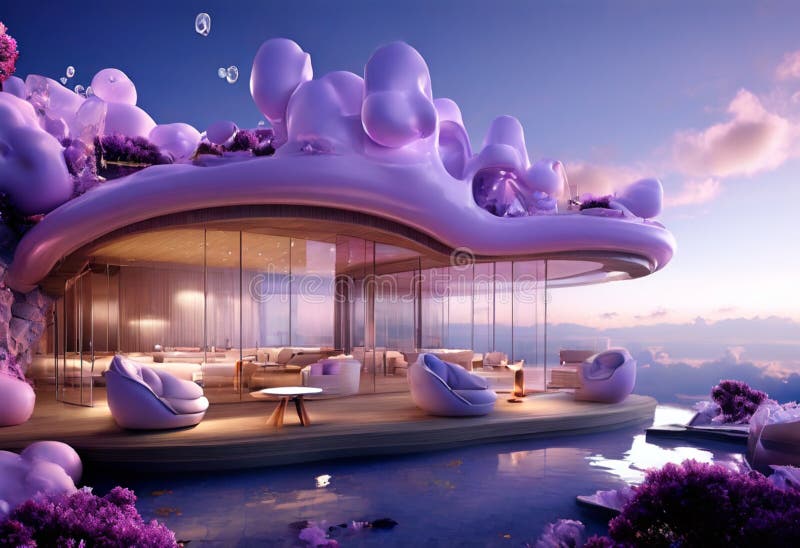 A Striking Purple Wave-shaped Building Stands by the Sea Stock ...