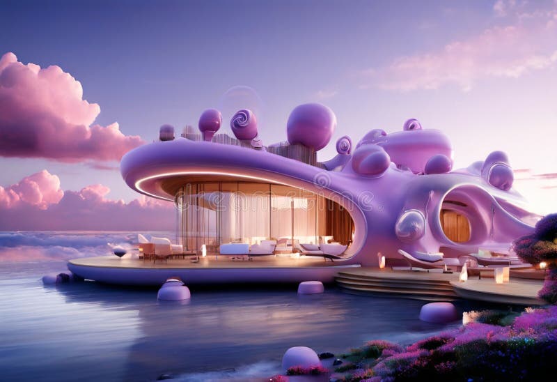 A Striking Purple Wave-shaped Building Stands by the Sea Stock ...