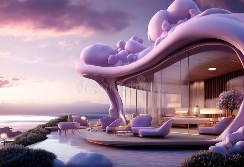 A Striking Purple Wave-shaped Building Stands by the Sea Stock ...