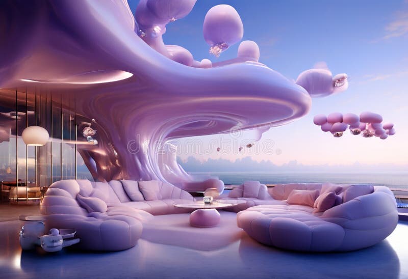 A Striking Purple Wave-shaped Building Stands by the Sea Stock ...