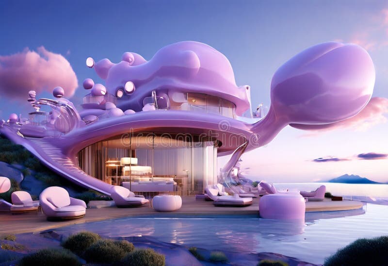 A Striking Purple Wave-shaped Building Stands by the Sea Stock ...