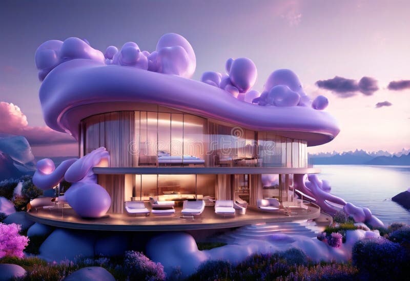 A Striking Purple Wave-shaped Building Stands by the Sea Stock ...