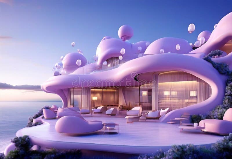 A Striking Purple Wave-shaped Building Stands by the Sea Stock ...