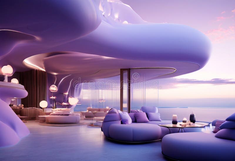 A Striking Purple Wave-shaped Building Stands by the Sea Stock ...