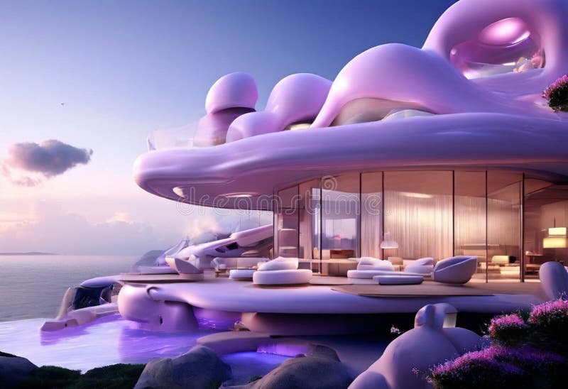 A Striking Purple Wave-shaped Building Stands by the Sea Stock ...