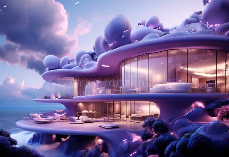 A Striking Purple Wave-shaped Building Stands by the Sea Stock ...