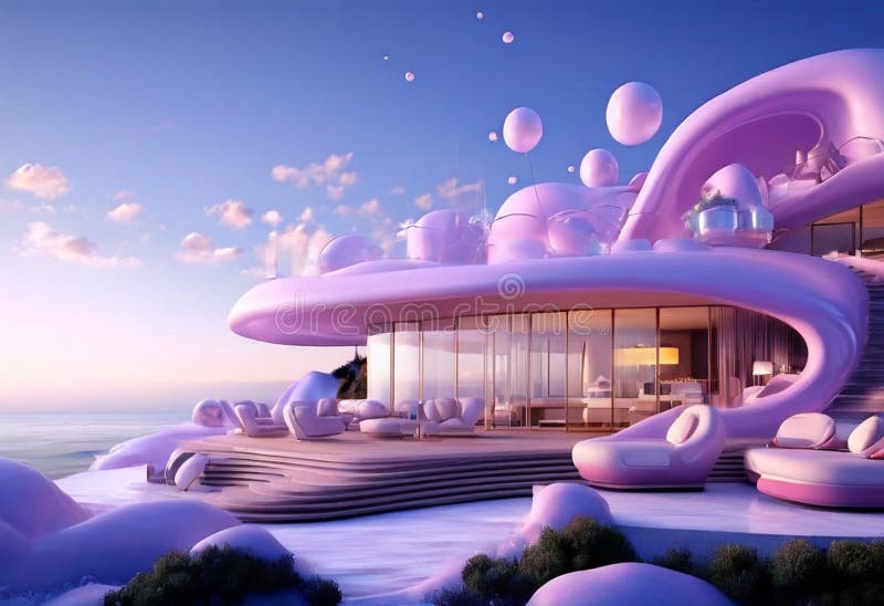 A Striking Purple Wave-shaped Building Stands by the Sea Stock ...