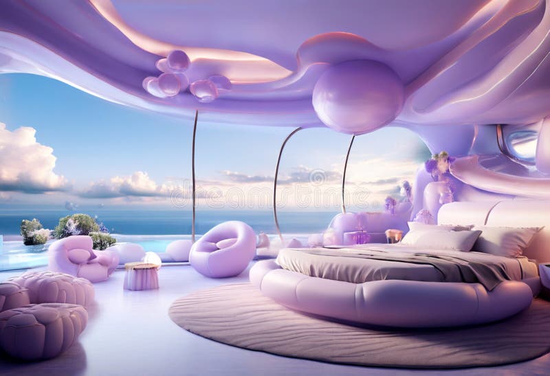 A Striking Purple Wave-shaped Building Stands by the Sea Stock ...