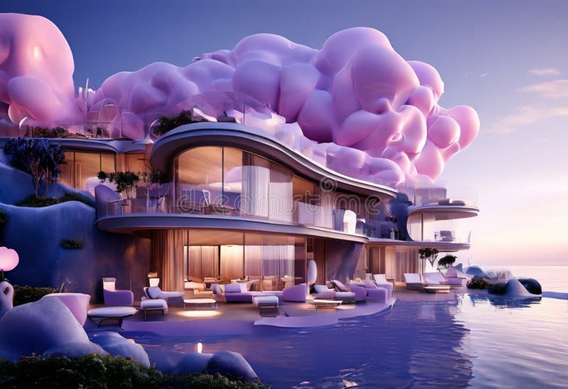 A Striking Purple Wave-shaped Building Stands by the Sea Stock ...